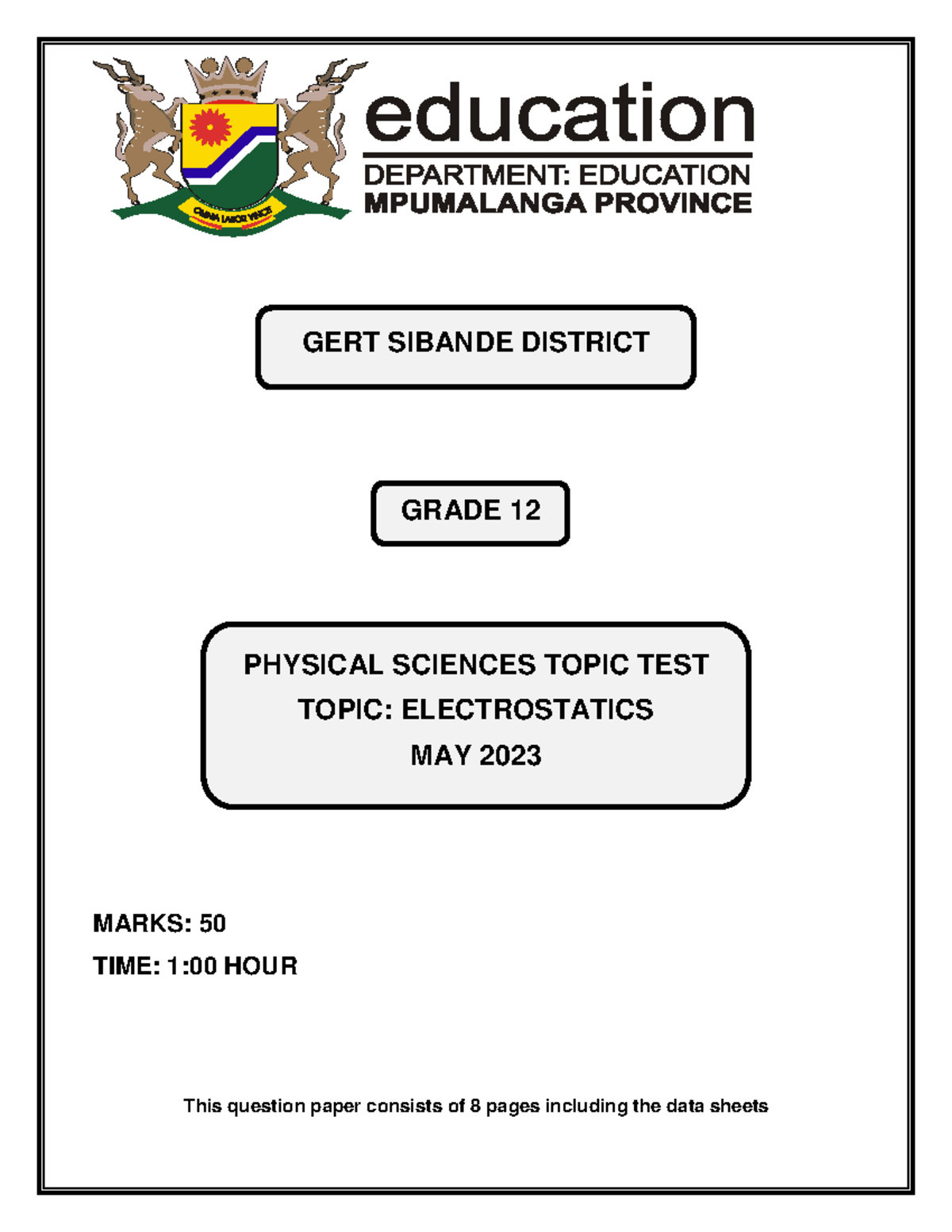 Grade 12 Physical Sciences Topic Test QP - Electrostatics May 2023 ...
