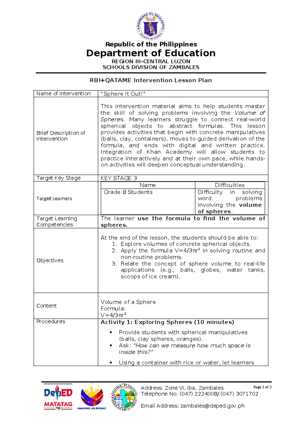 Math 8 Q2 W4: Intervention Lesson Plan on Volume of Spheres - Studocu