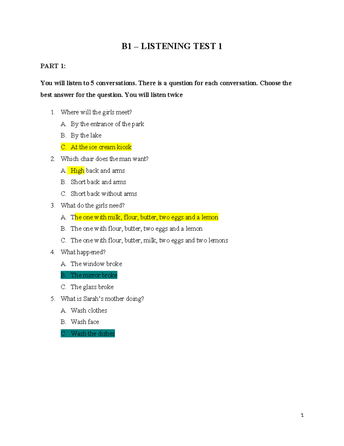 B1 - Listening Test 1: Questions and Answers - Studocu