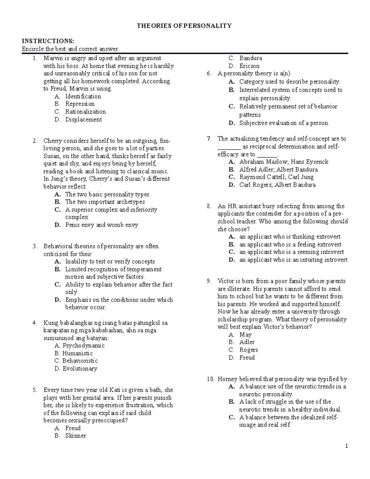 TOP Question 1 - Theories of Personality reviewer - THEORIES OF ...