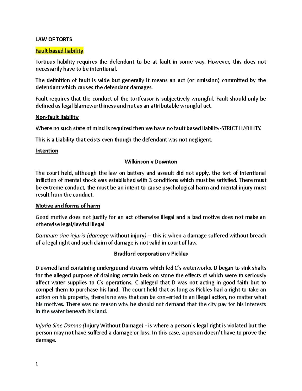Law of Torts Case Summaries: Key Concepts and Notable Cases - Studocu
