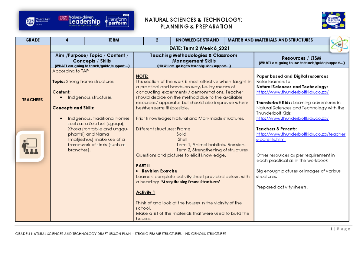 Grade 4 NATURAL SCIENCES & TECH: Lesson Plan on Strong Frame Structures ...