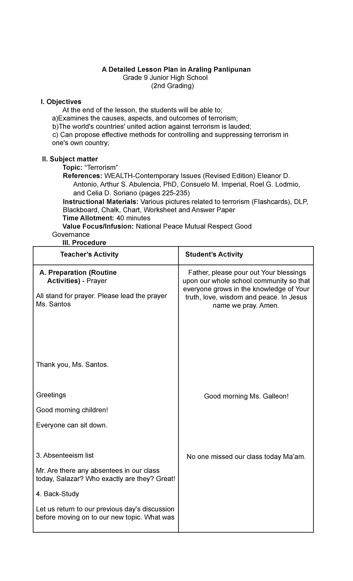 Grade 9 Araling Panlipunan Lesson Plan: Understanding Terrorism - Studocu