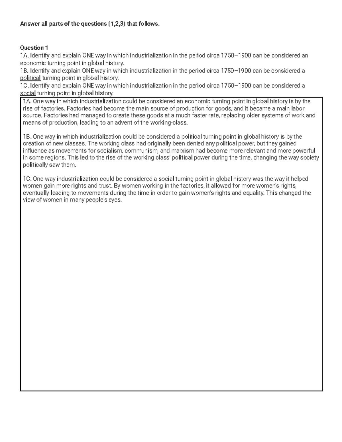 SAQ Practice Part 1: Industrialization's Economic, Political & Social ...