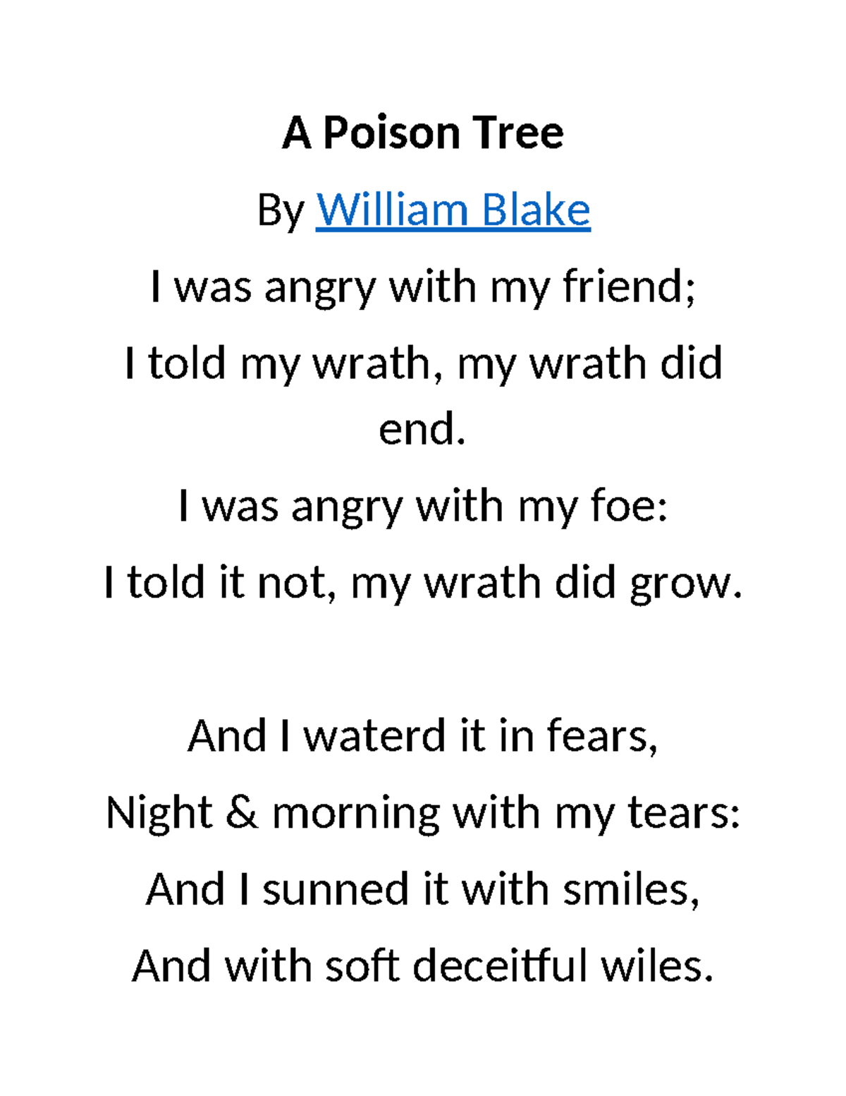 A Poison Tree - Analysis of William Blake's Poem - Studocu