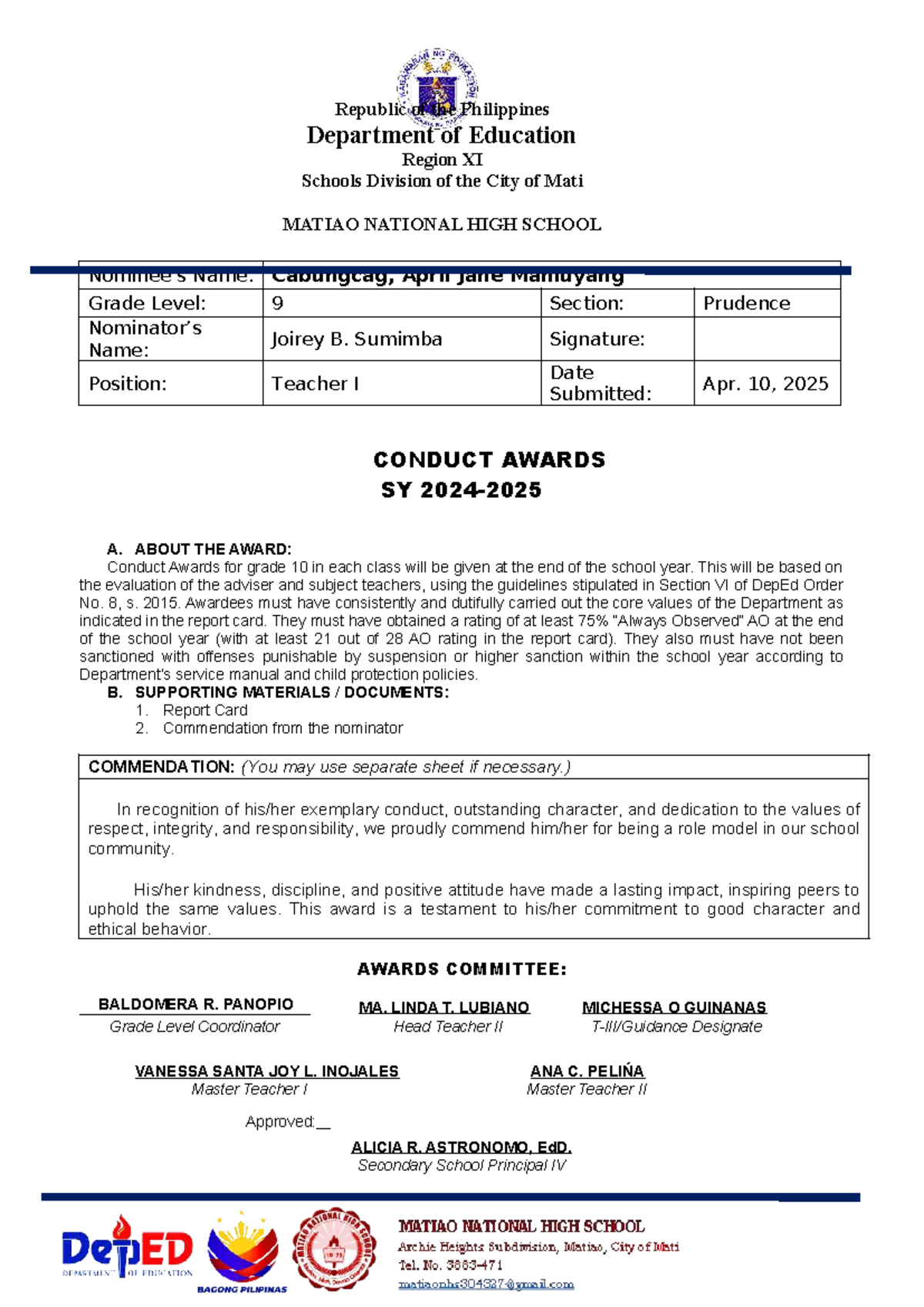 Conduct Awards Nominee Template for Grade 9 - SY 2025 - Studocu