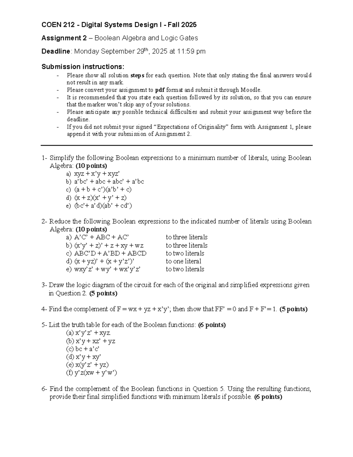 COEN 212 Assignment 2: Boolean Algebra & Logic Gates Analysis - Studocu