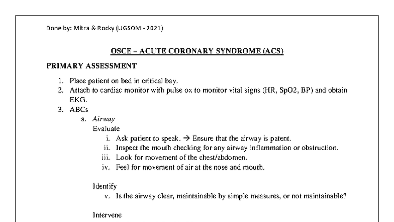 OSCE - Acute Coronary Syndrome (ACS) Primary Assessment Guide (UGSOM ...