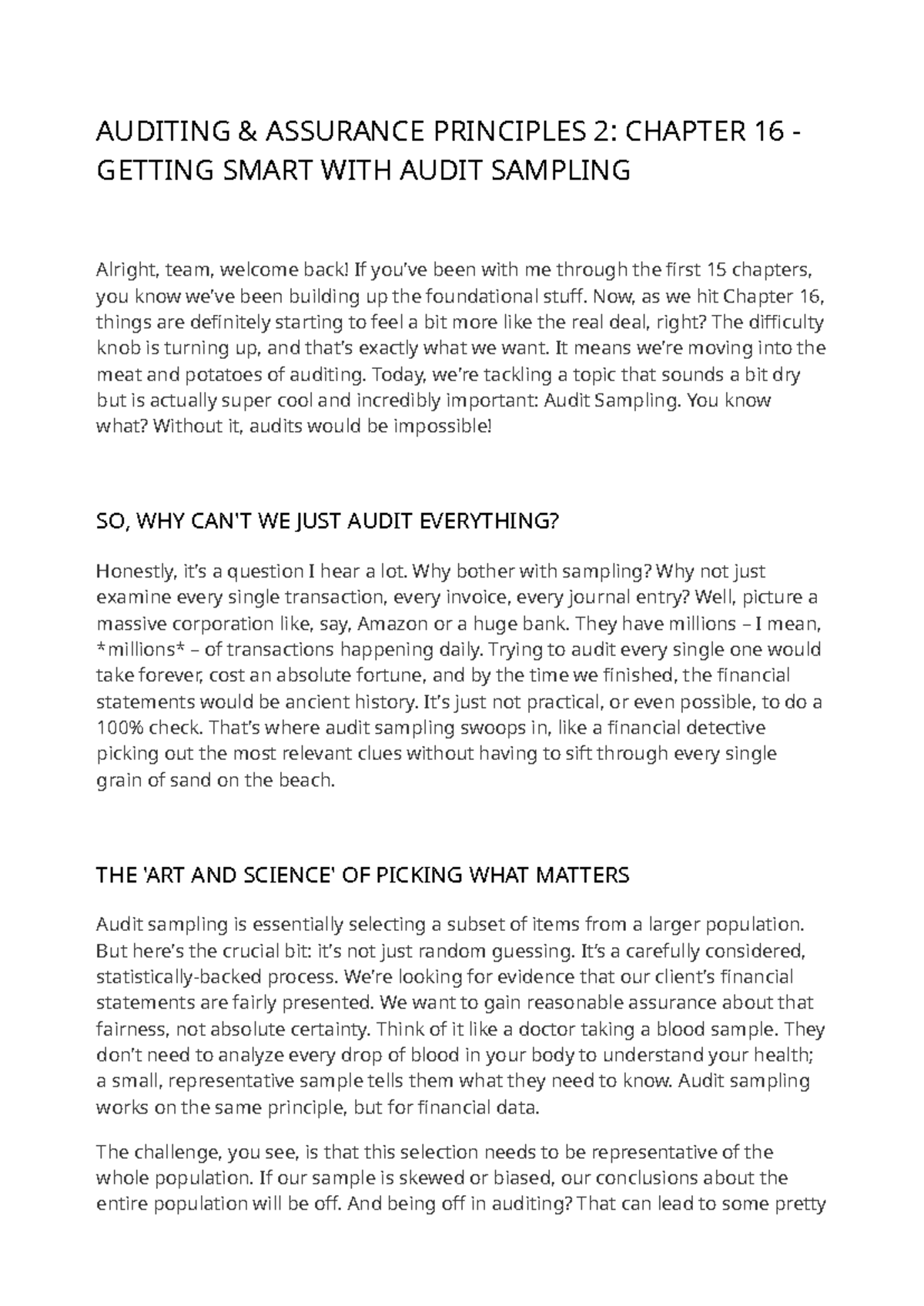 AUDITING ASSURANCE PRINCIPLES 2: CHAPTER 16 - AUDIT SAMPLING METHODS - Studocu
