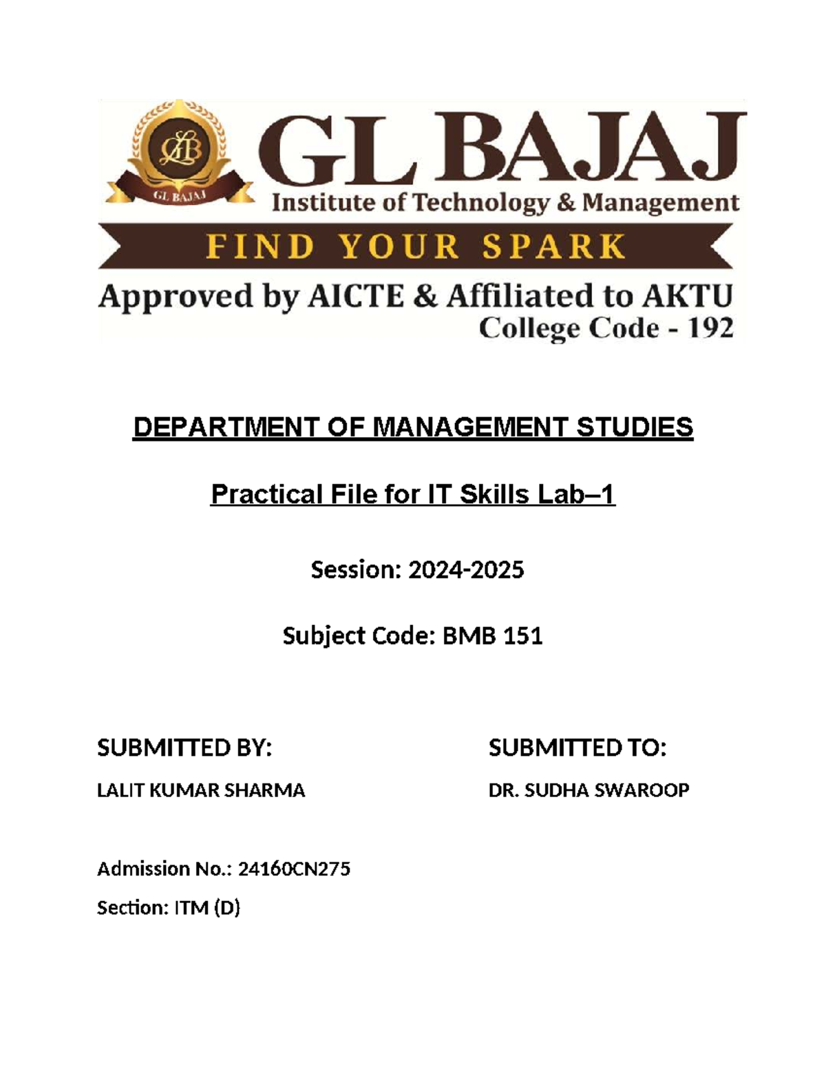 Practical File for IT Skills: BMB 151 - MS Word & Excel Exercises - Studocu