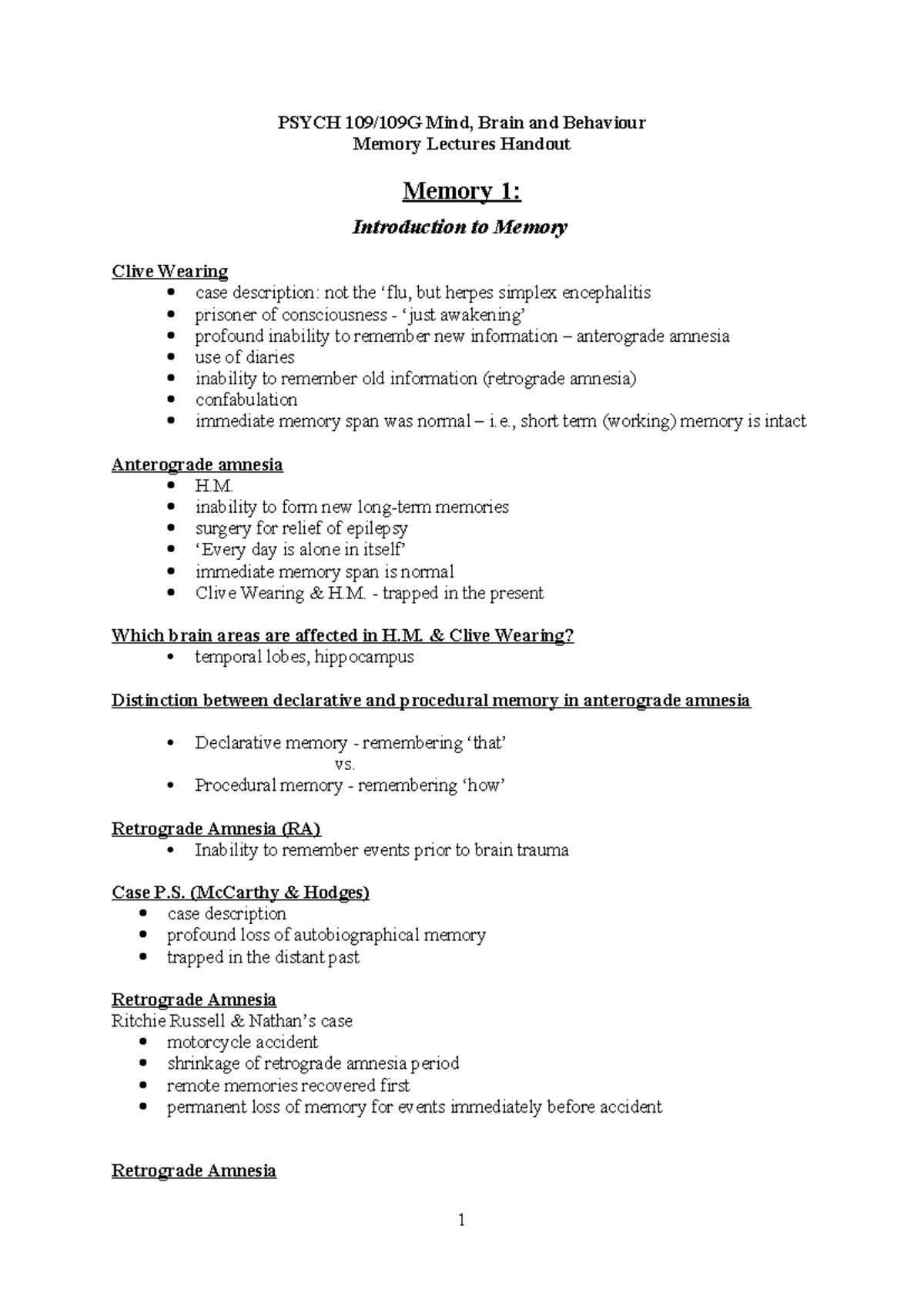 PSYCH Memory Handout: Mind, Brain & Behaviour Lectures Overview - Studocu