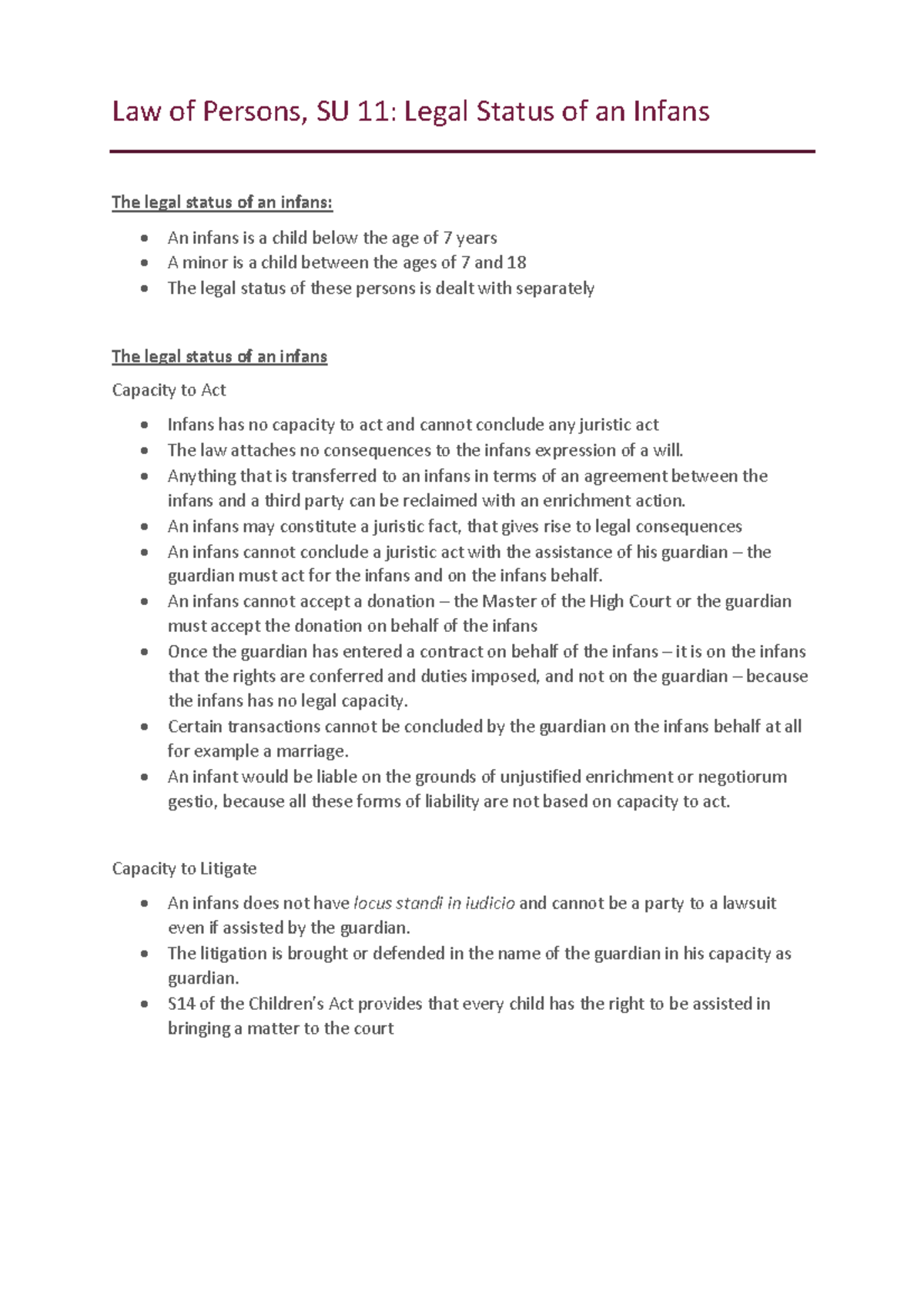 Legal Status of Infants: Law of Persons SU 11 Notes - Studocu