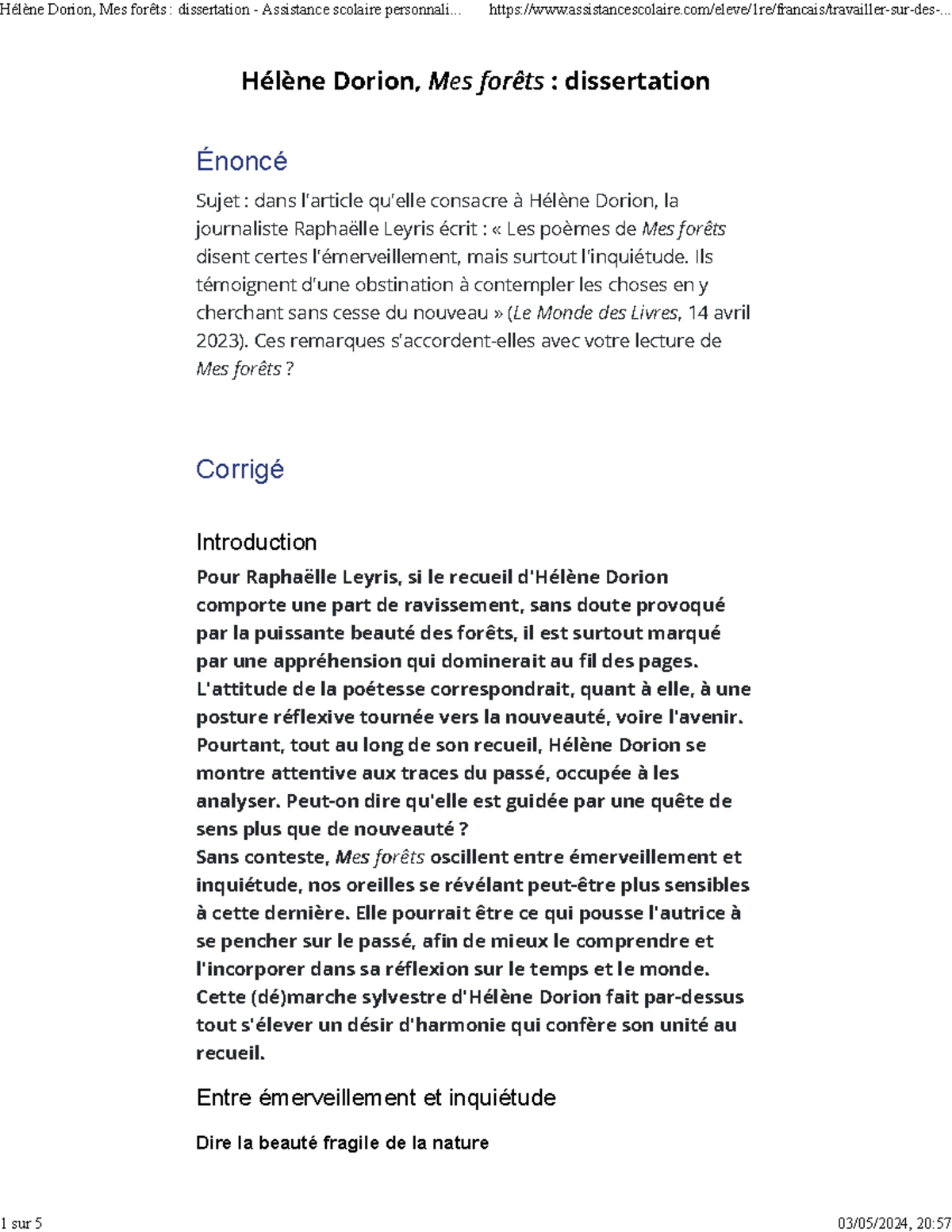Dissertation sur "Mes forêts" d'Hélène Dorion : Émerveillement et ...