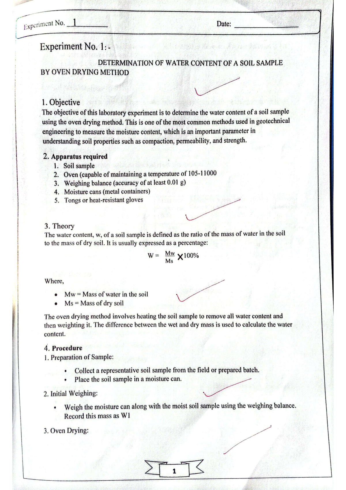 Experiment No. 1: Determination of Water Content in Soil Sample Using ...
