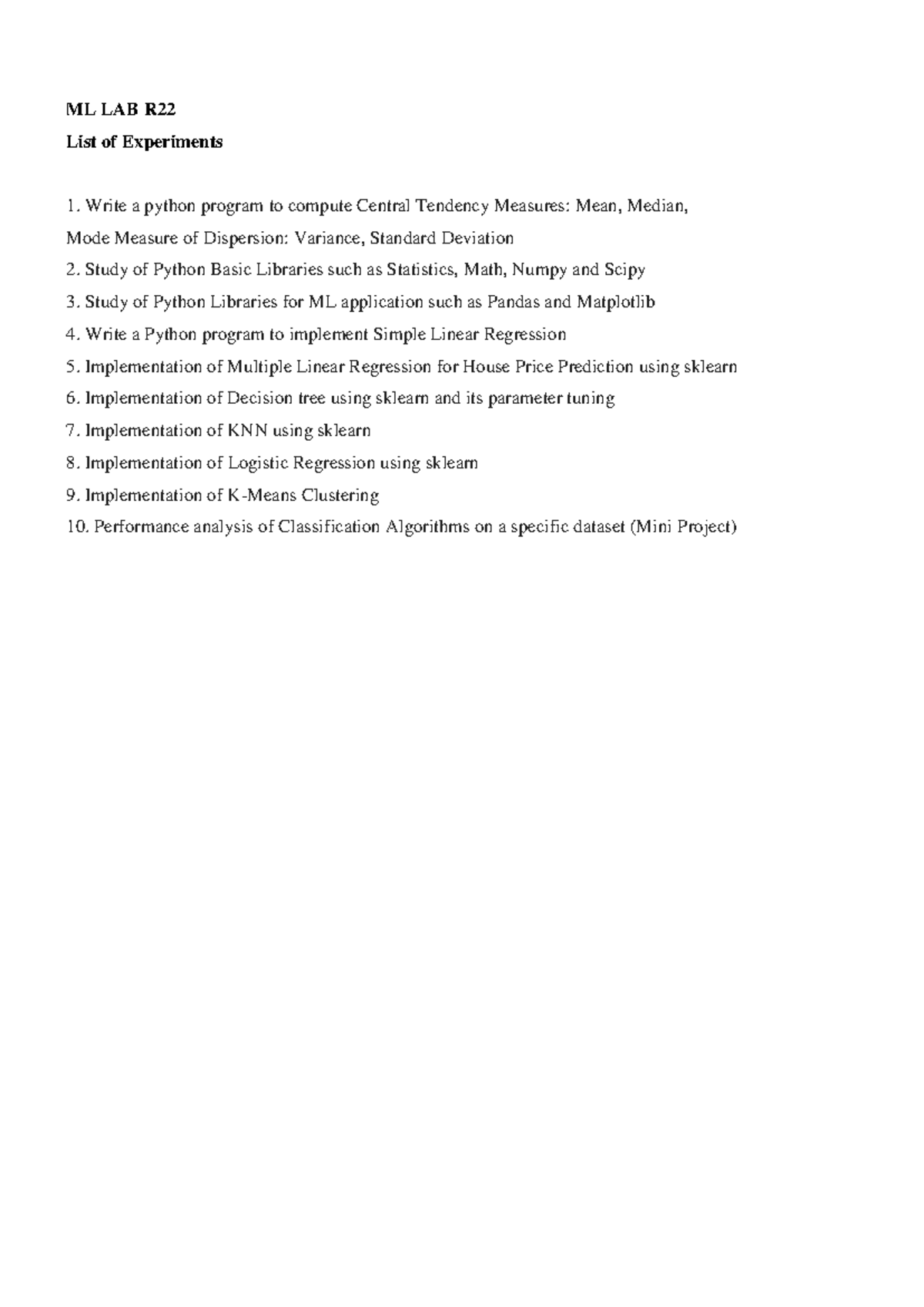 ML Lab Final Exam R22: Python Experiments and Applications - Studocu