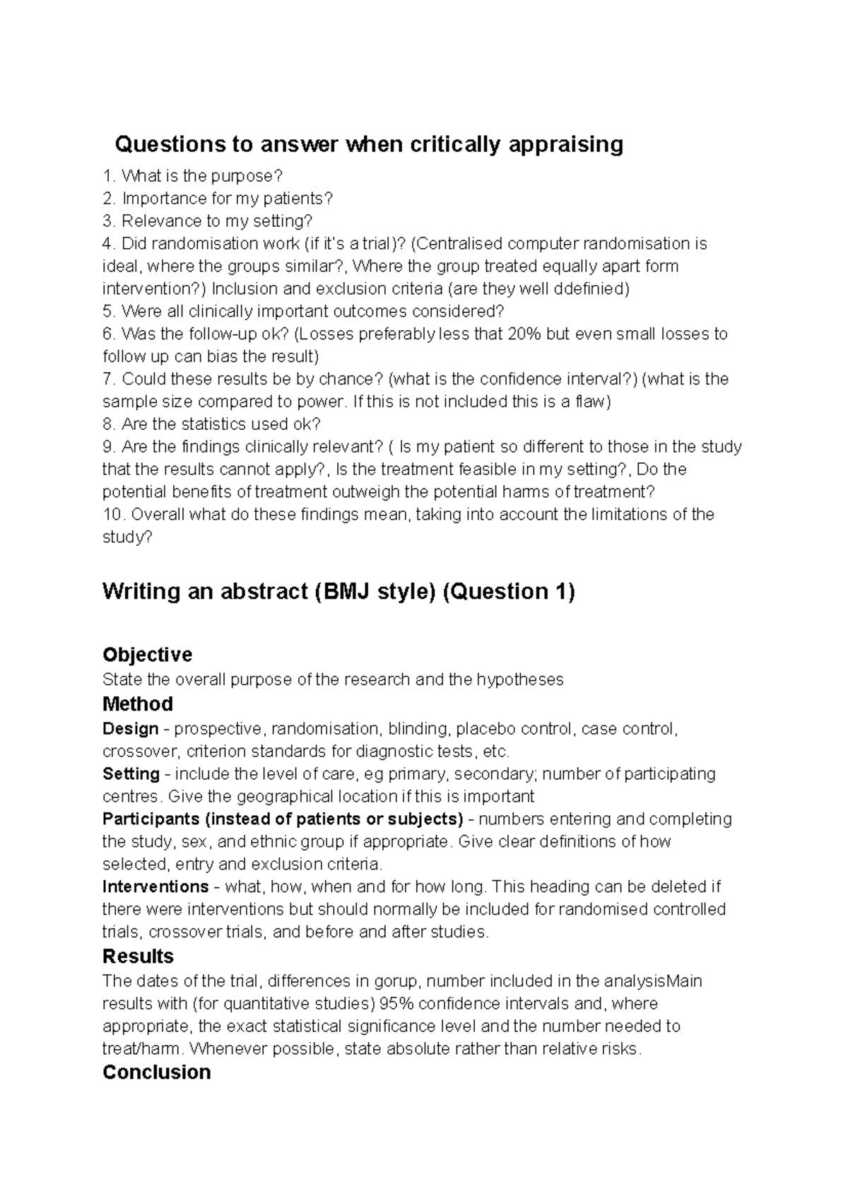 Critical Appraisal - Questions to answer when critically appraising 1 ...