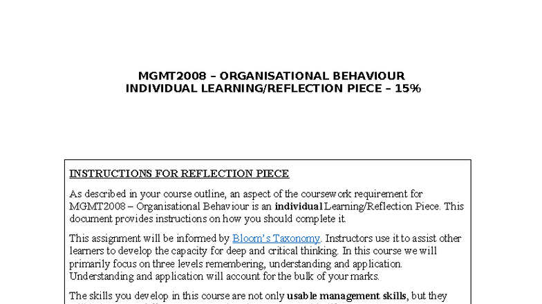 MGMT2008 Reflection Piece Guidelines for Individual Assignment - Studocu