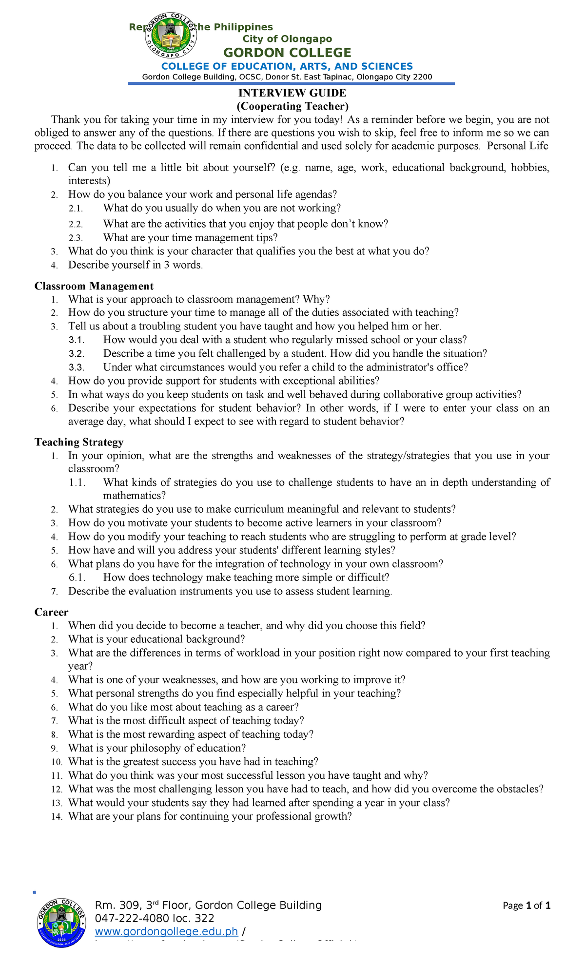 Interview Guide - Republic of the Philippines City of Olongapo GORDON ...
