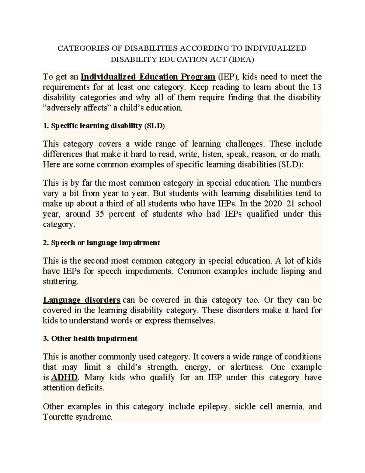 Categories of Disabilities Under IDEA for IEP Qualification - Studocu