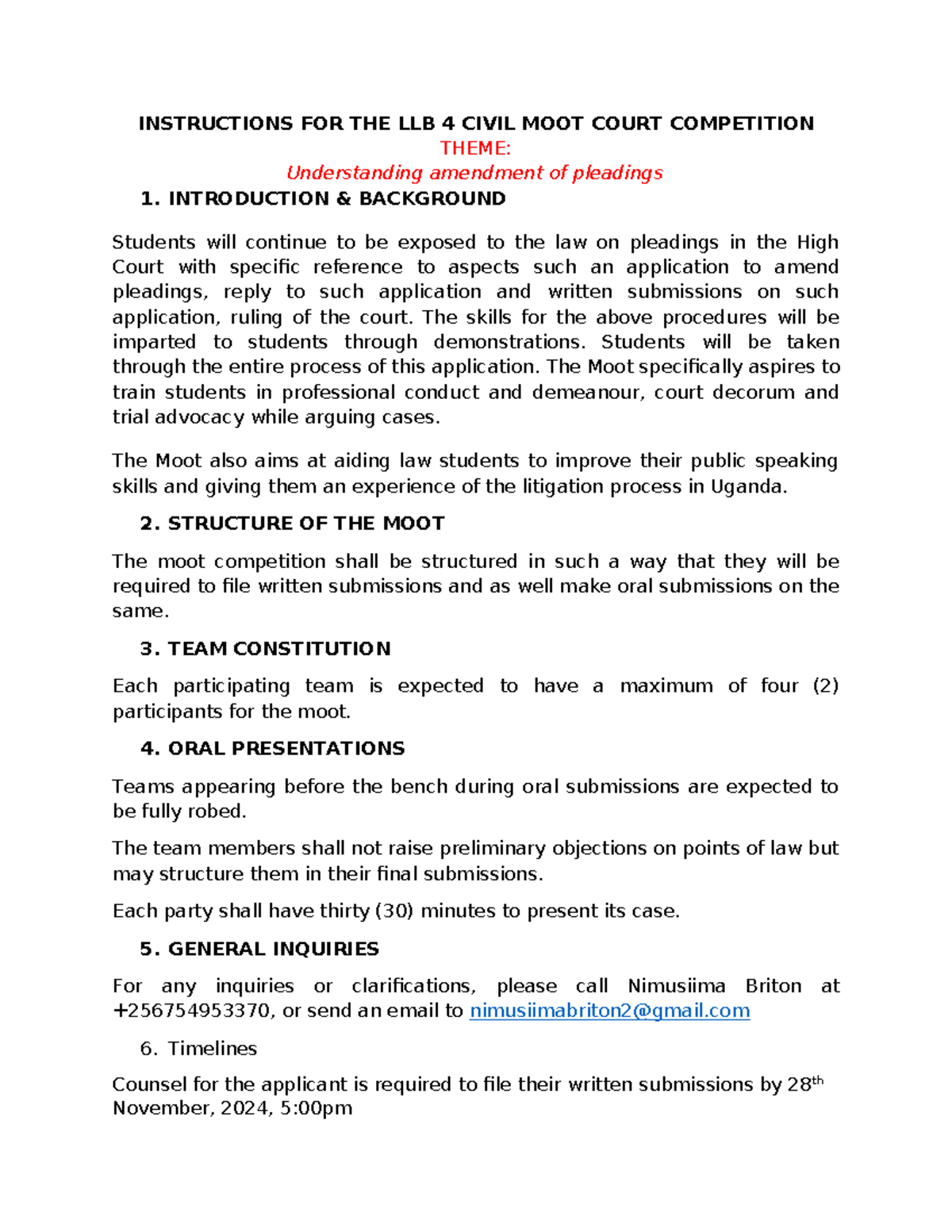 Moot problem LLB 4 - INSTRUCTIONS FOR THE LLB 4 CIVIL MOOT COURT ...