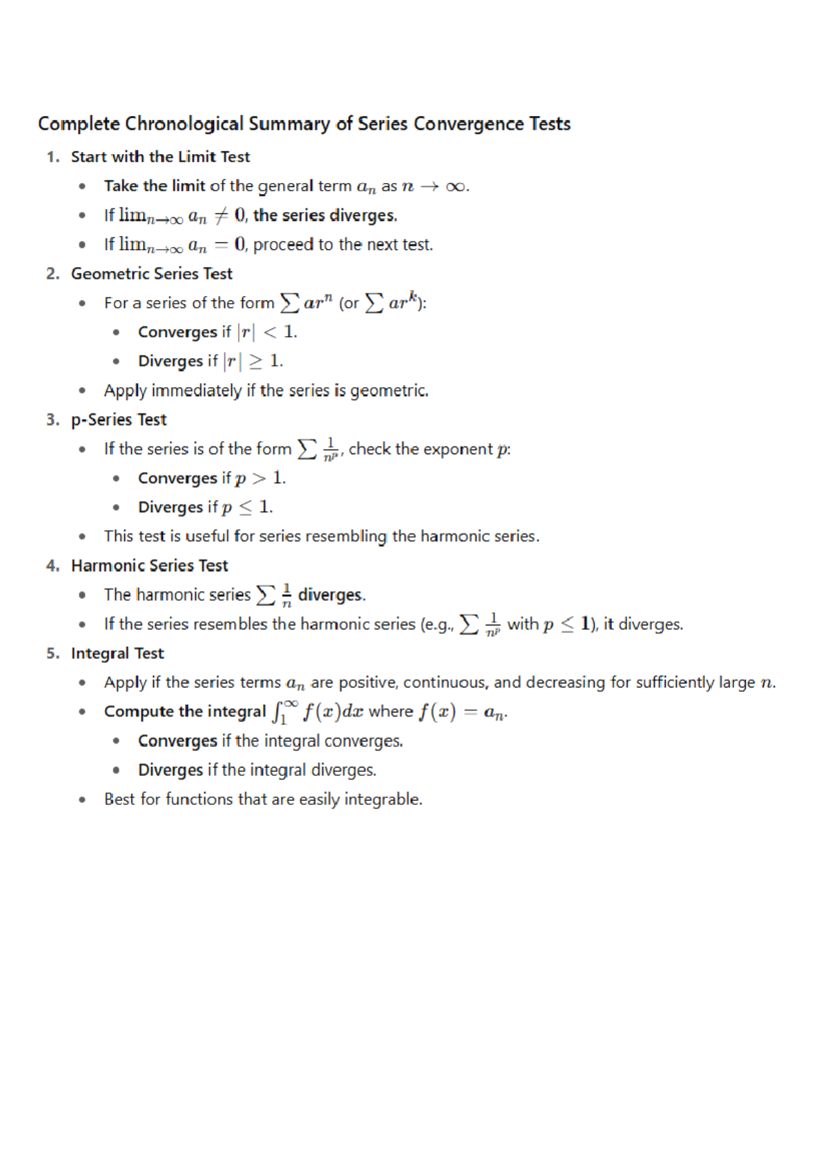 Series Convergence Tests Summary: Complete Guide - Studocu