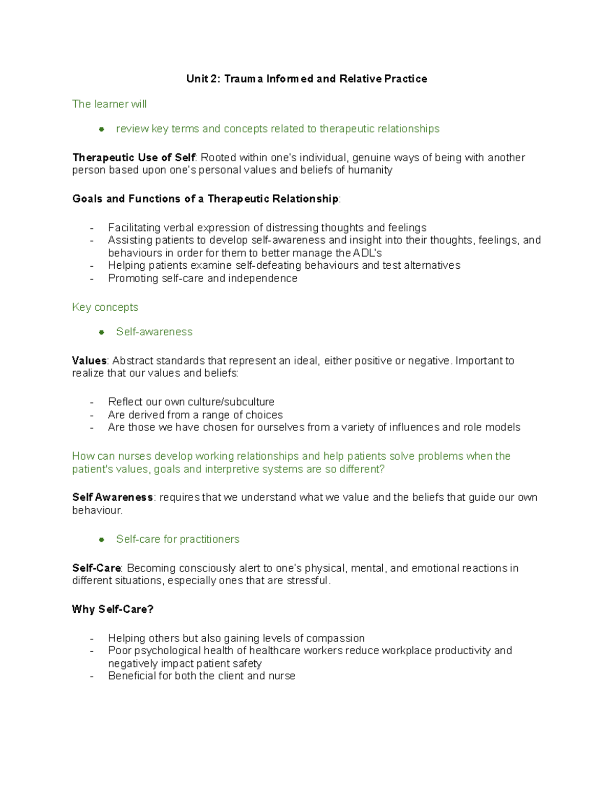 201 Unit 2 - Trauma-Informed Care and Therapeutic Relationships - Studocu