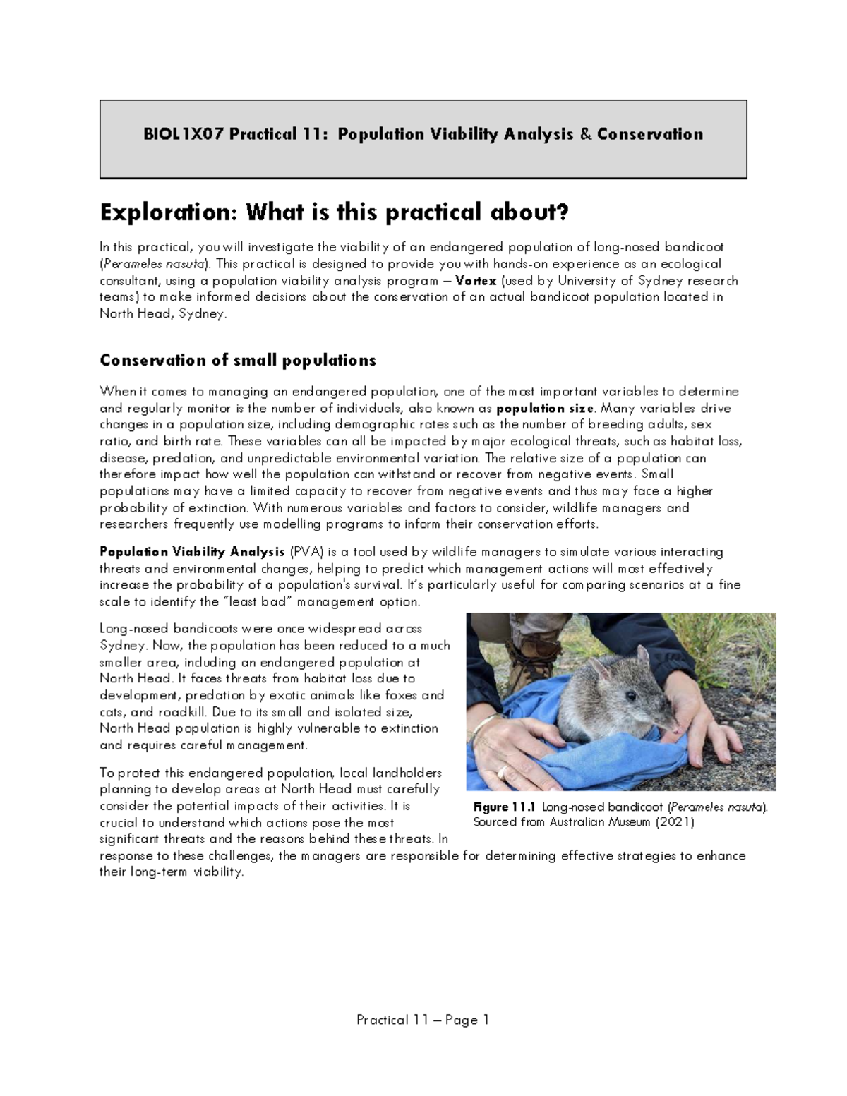BIOL1X07 Practical 11: PVA for Bandicoot Conservation at North Head ...