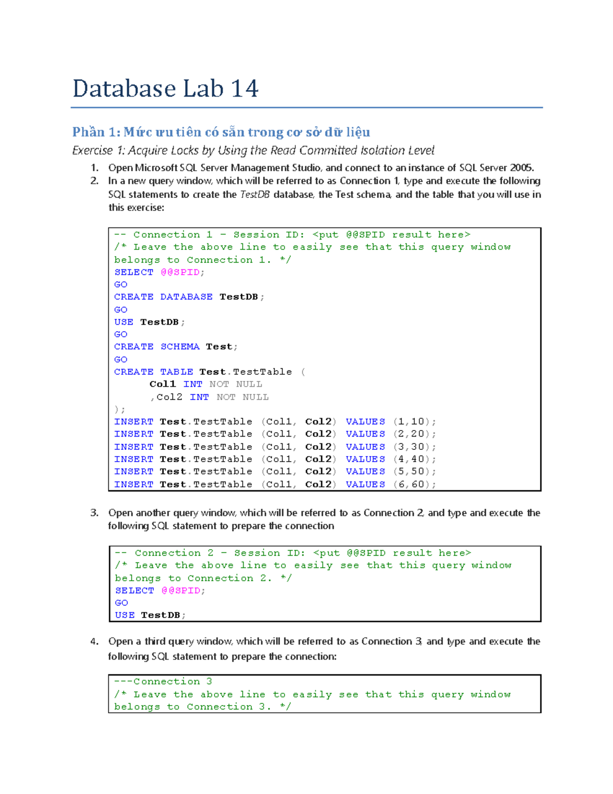 LAB14 - ekjf - Datab ase Lab 14 Phần 1: Mÿc ±u tiên có sẵn trong cơ sở dữ liệu Exercise 1 ...