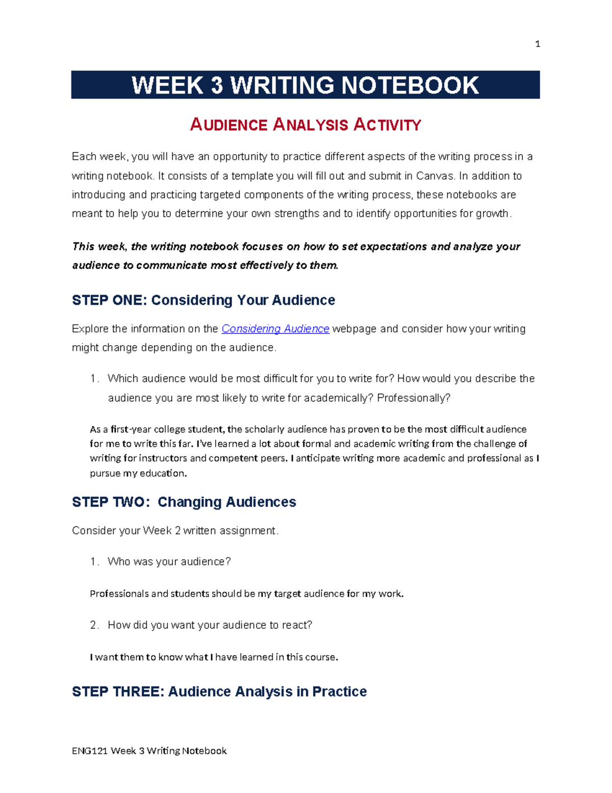 Week 3 Writing Notebook Templatef - 1 WEEK 3 WRITING NOTEBOOK AUDIENCE ANALYSIS ACTIVITY Each ...