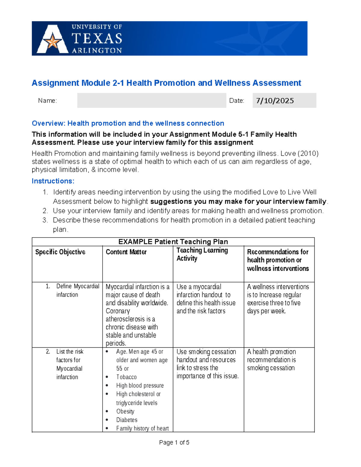 N3352 Assignment Module 2-1: Health Promotion & Wellness Assessment ...