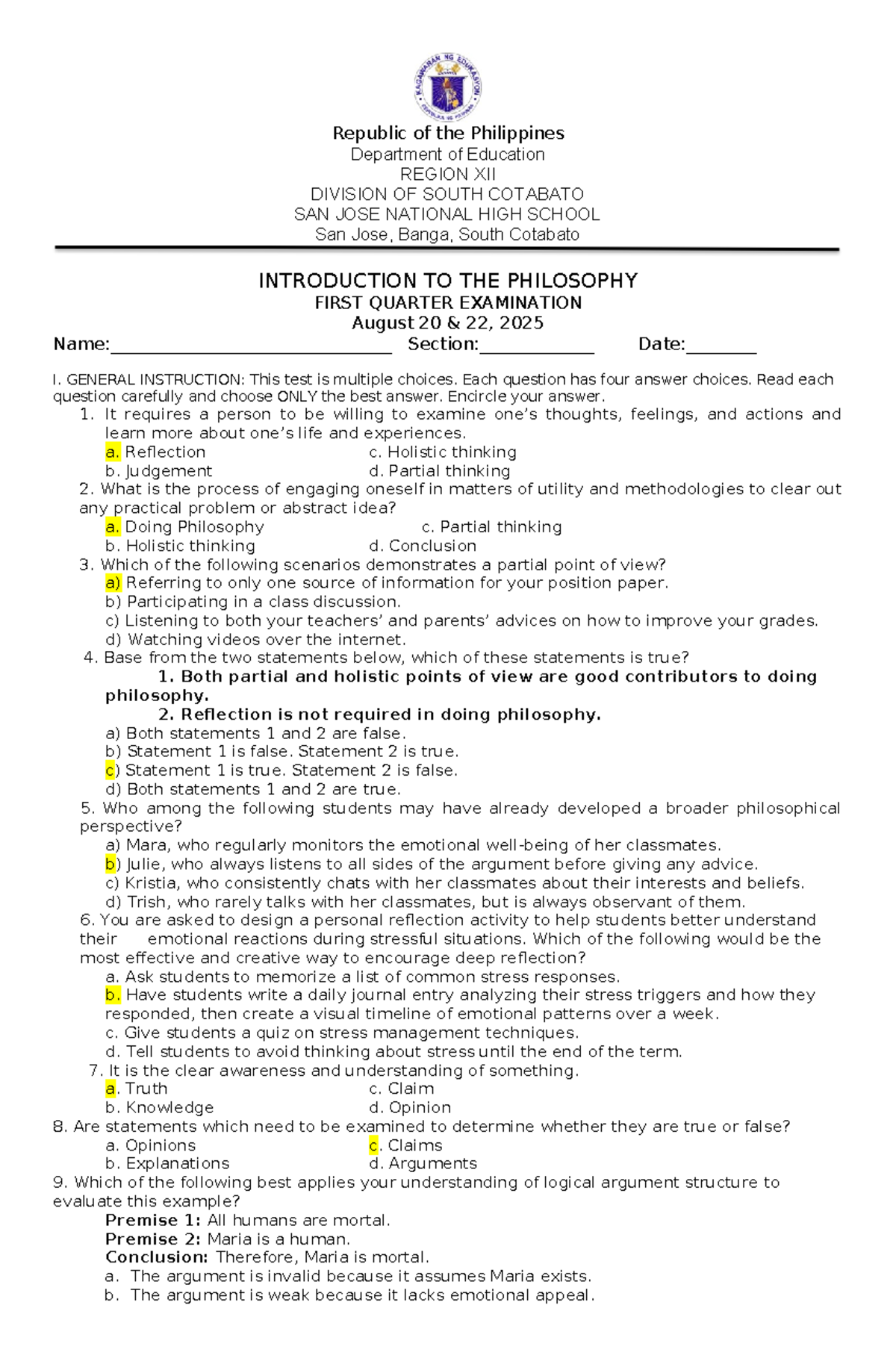 Q1 Exam - Introduction to Philosophy (PHIL101) - Studocu