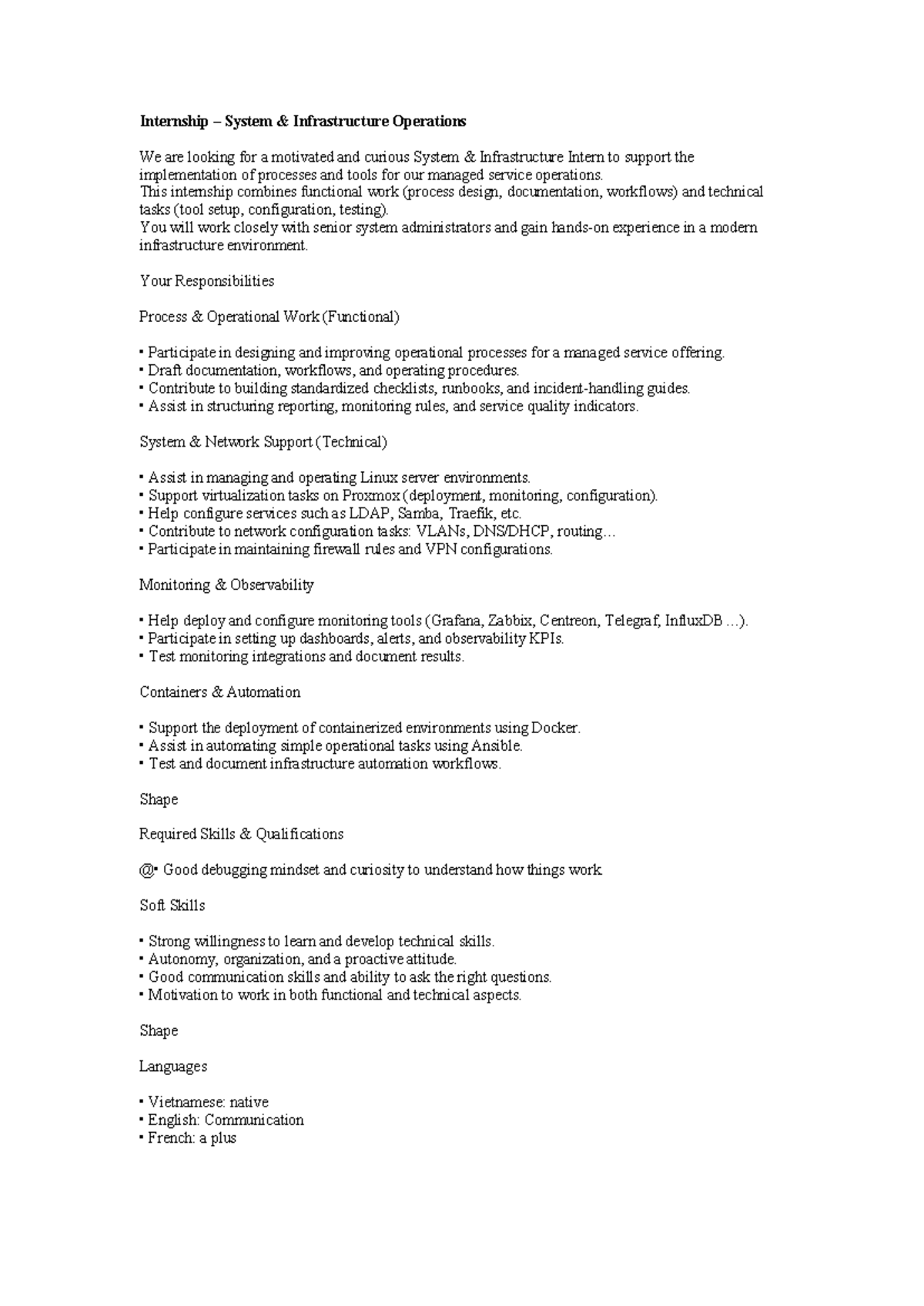 Internship – System Infrastructure Operations Overview - Studocu