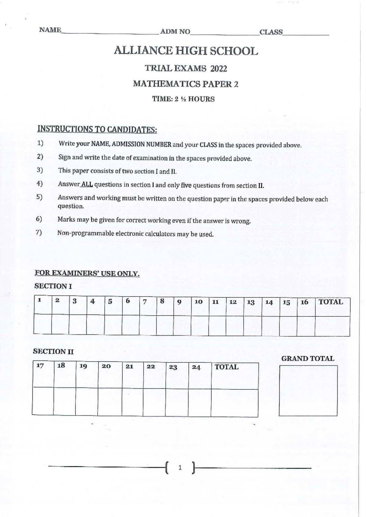 Mathematics Trial Exam 2022 - Paper 2 - Alliance High School - Studocu
