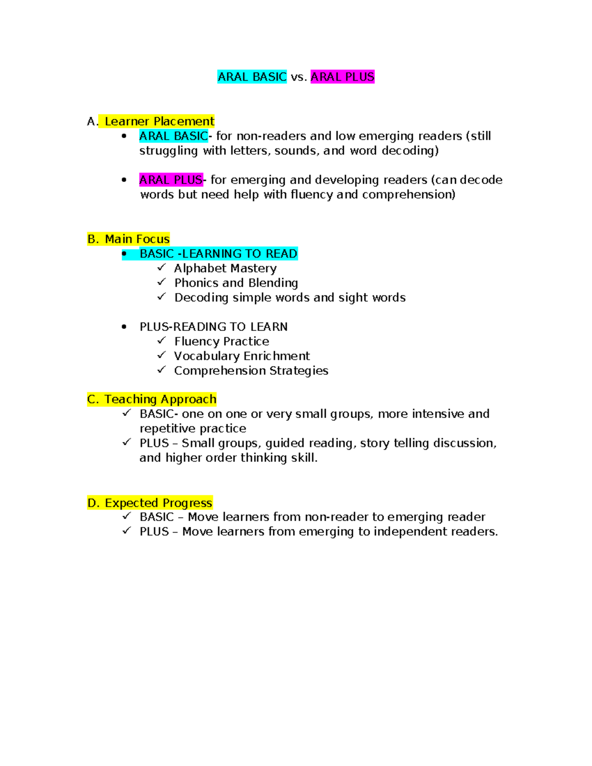 ARAL Basic vs. PLUS: Learner Placement & Teaching Approaches - Studocu