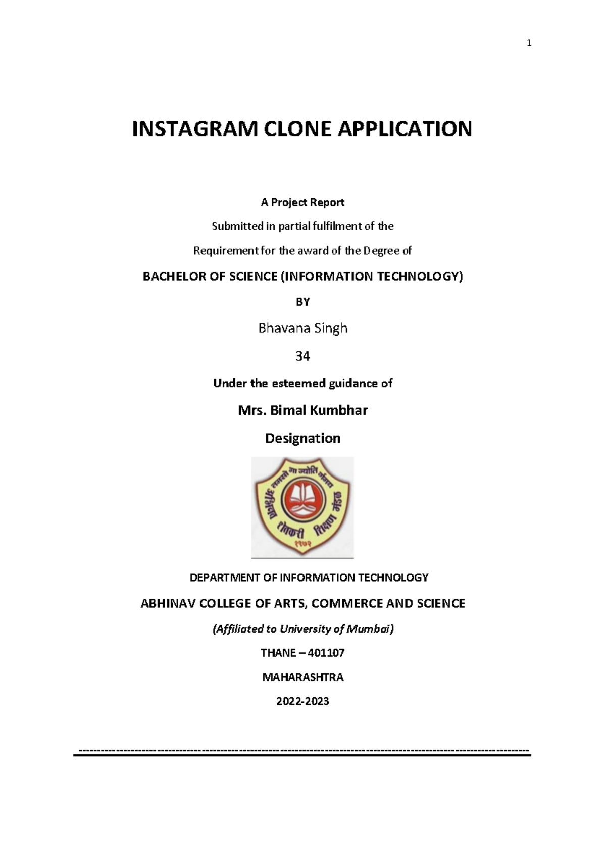 Instagram Clone Application Project Report (B.Sc IT) - Studocu