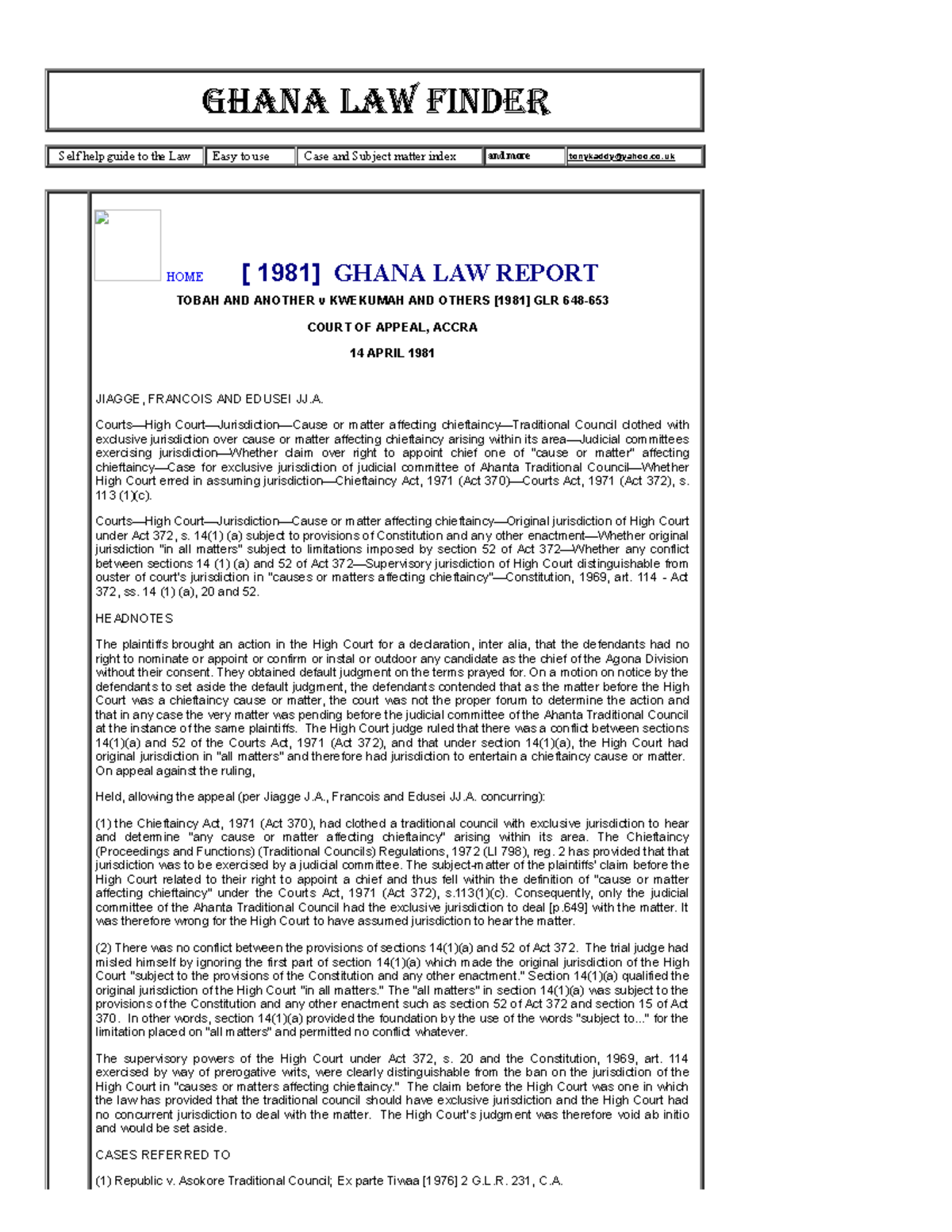**Case Study: Tobah & Another v Kwekumah & Others [1981] GLR 648 ...