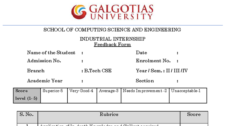 CSE 2nd Year Industrial Internship Feedback Form - Studocu