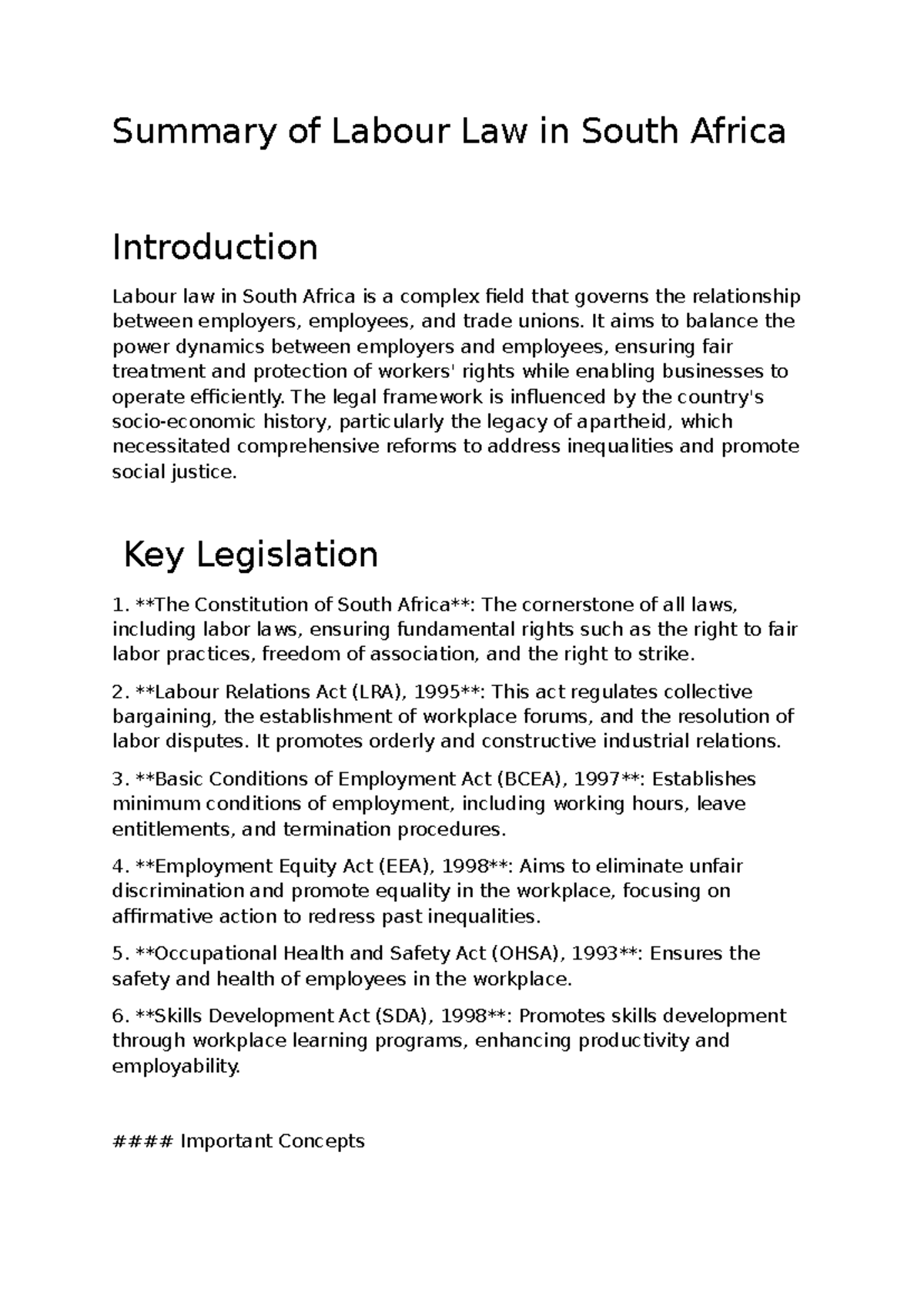 Labour Law Overview in South Africa: Key Legislation and Concepts - Studocu