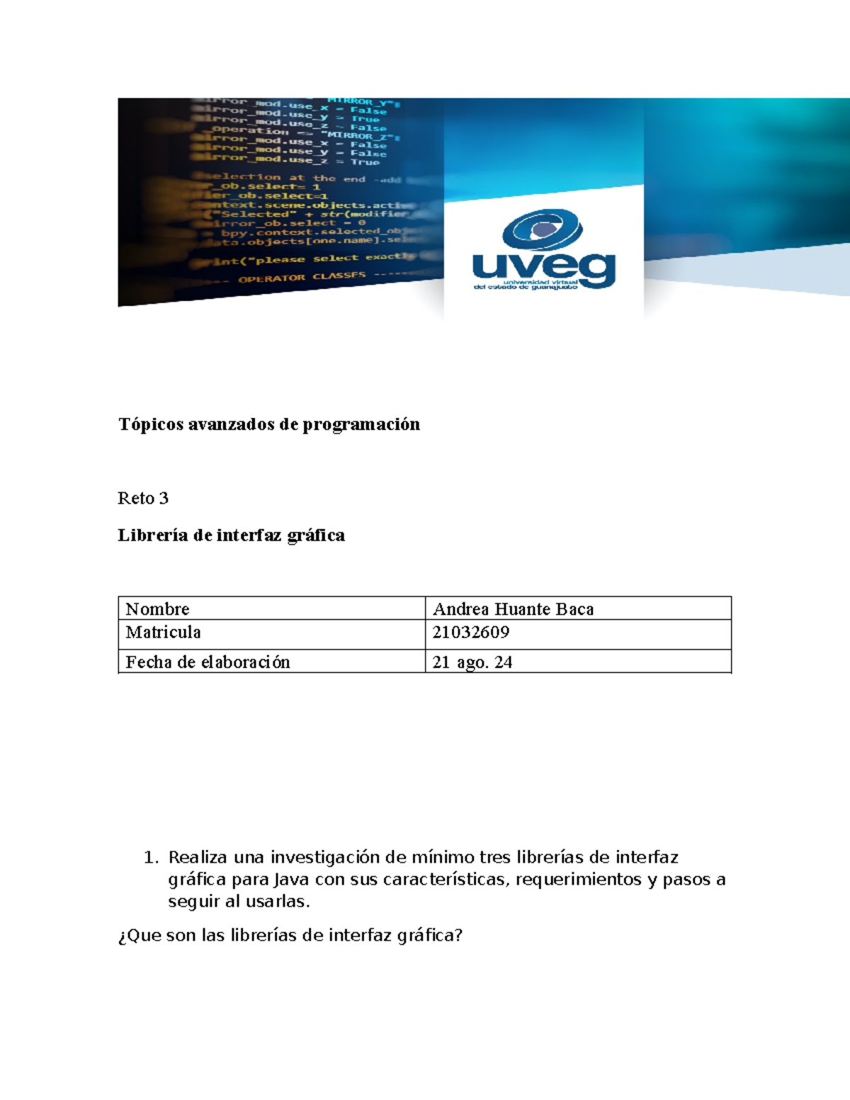 Huante Andrea R3 U2 - practicas - Tópicos avanzados de programación Reto 3 Librería de interfaz ...