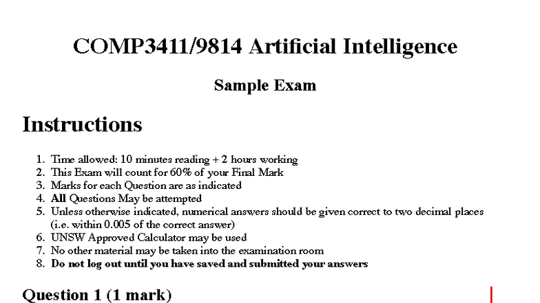 COMP3411 Artificial Intelligence Sample Exam Instructions - Studocu