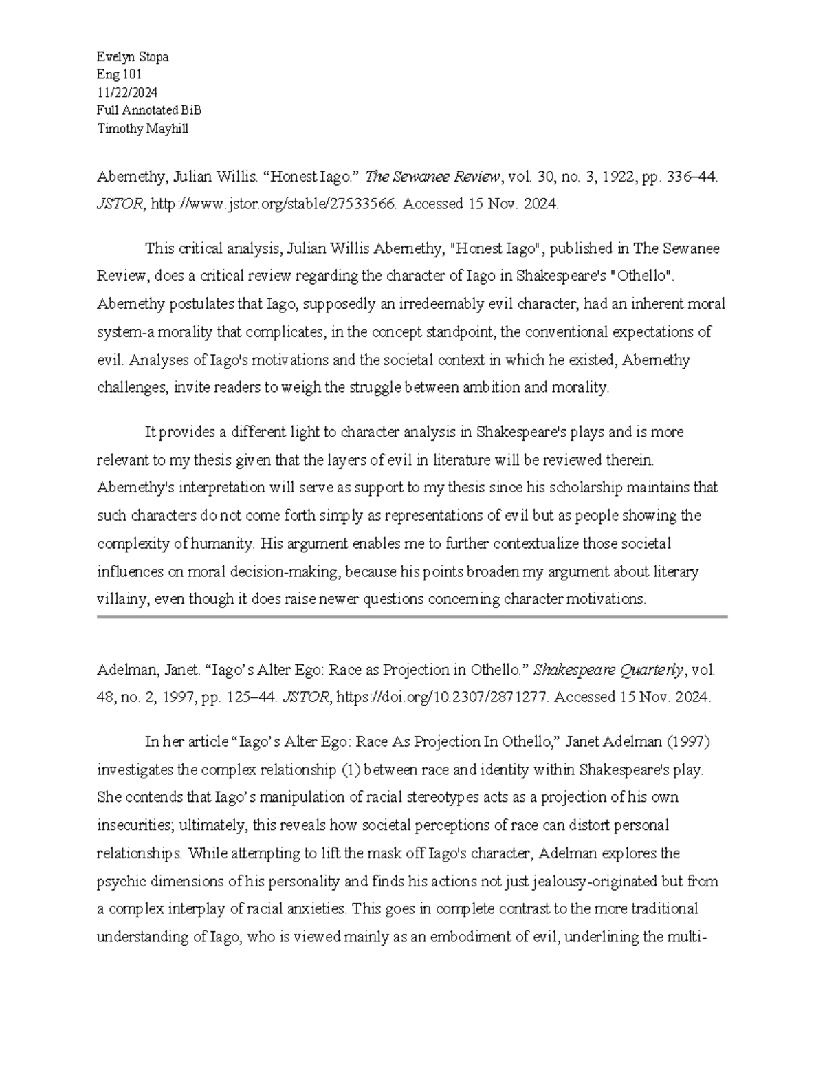 ENG 101 Full Annotated Bibliography on Iago's Character Complexity ...