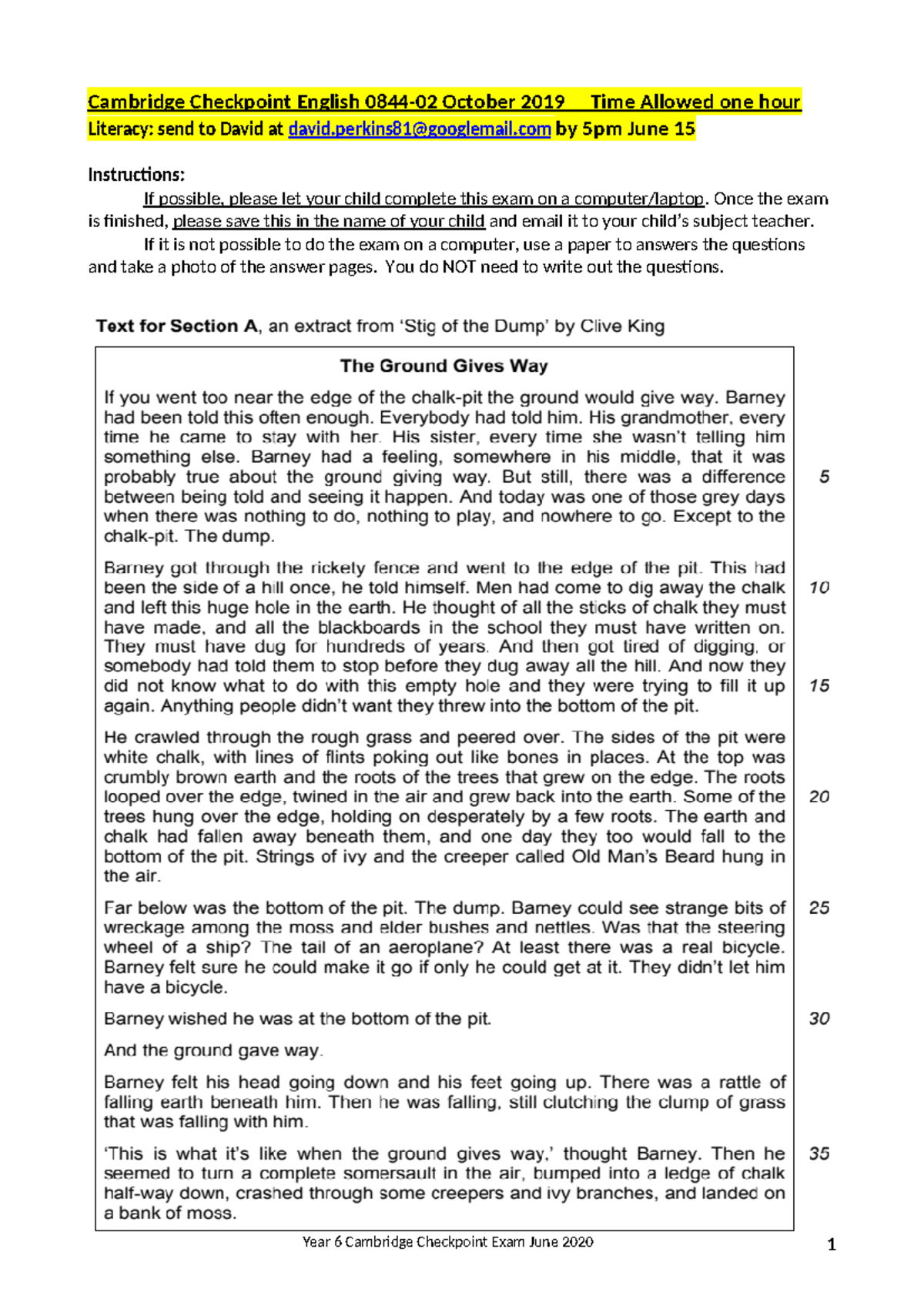 Year 6 Cambridge Checkpoint English Exam June 2020 - Reading & Writing ...