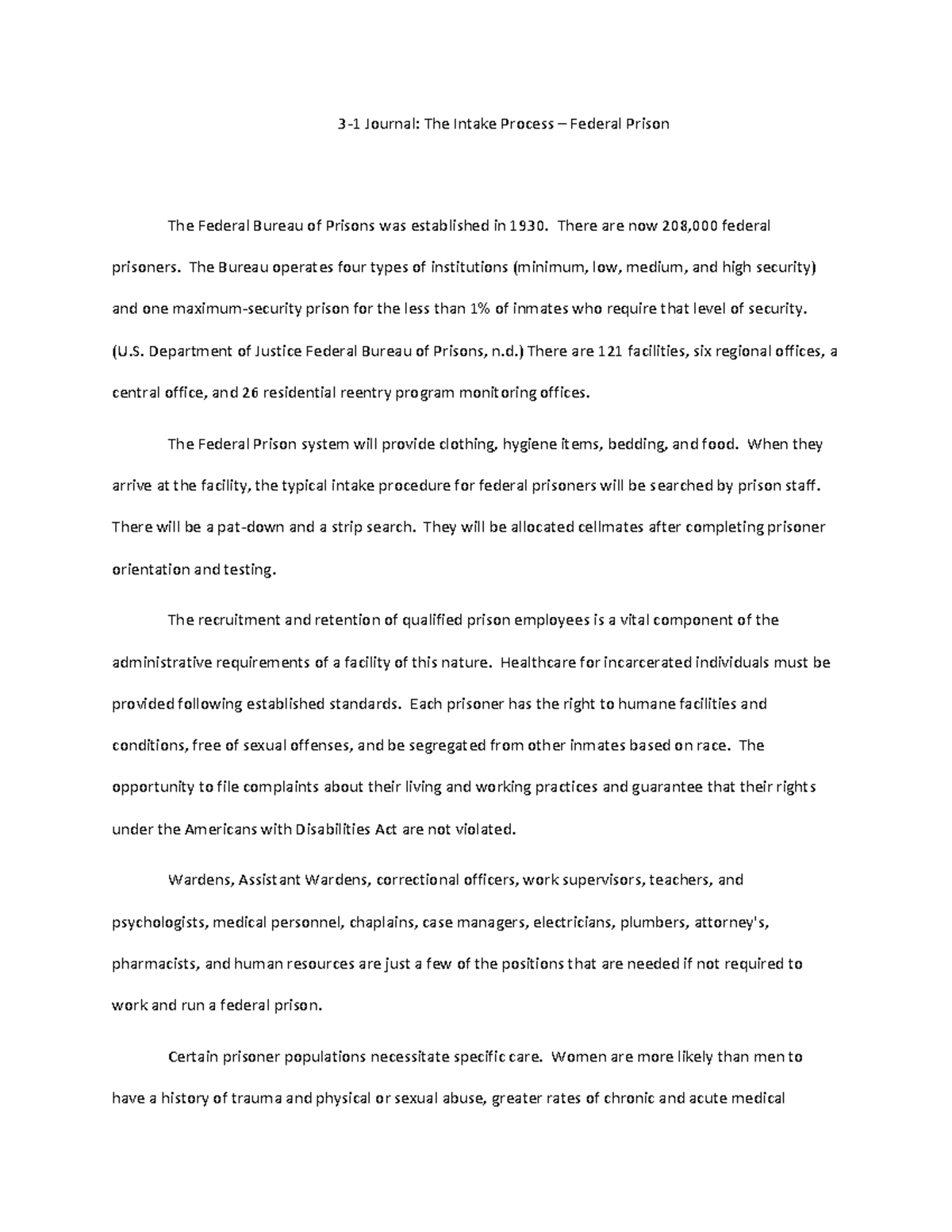 3-1 Journal: Understanding the Federal Prison Intake Process - Studocu