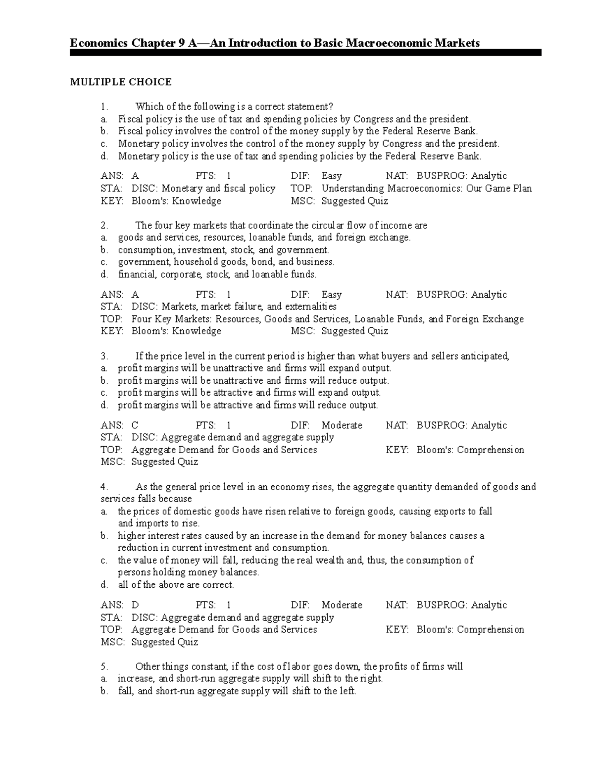Economics 101: Ch 09 Test Bank - Basic Macroeconomics Questions - Studocu