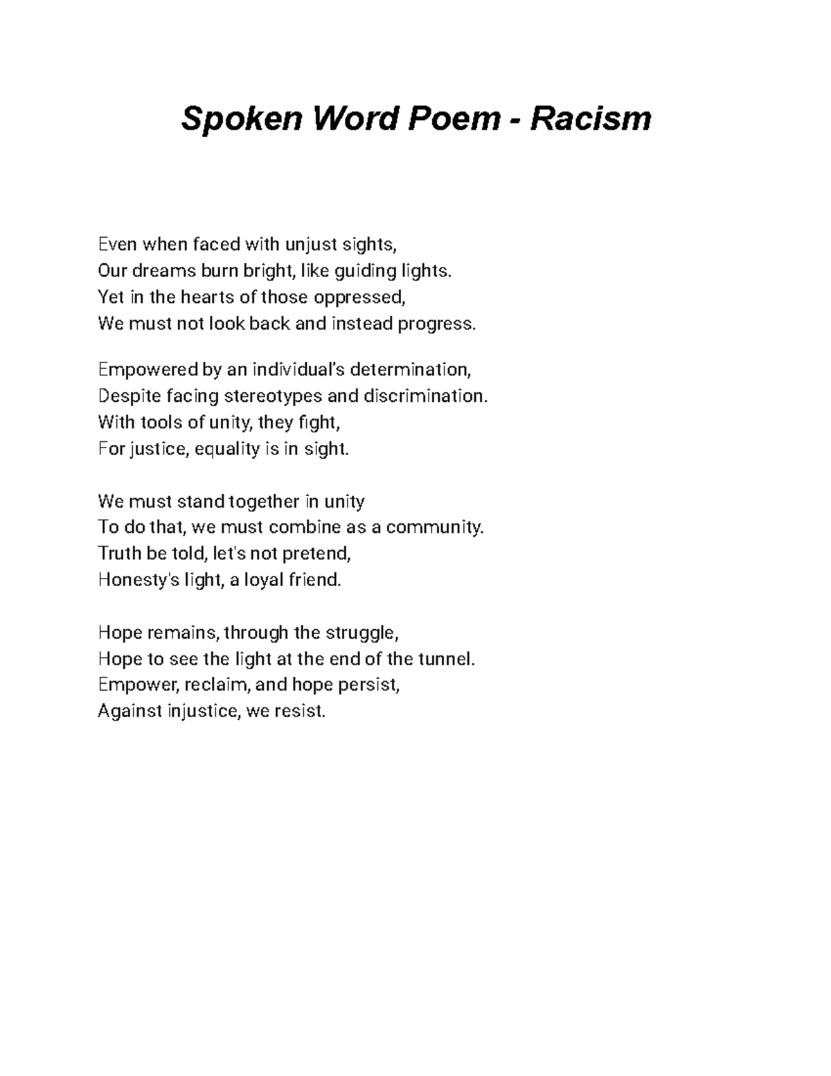 Spoken Word Poem on Racism by Ali Hassan - Studocu