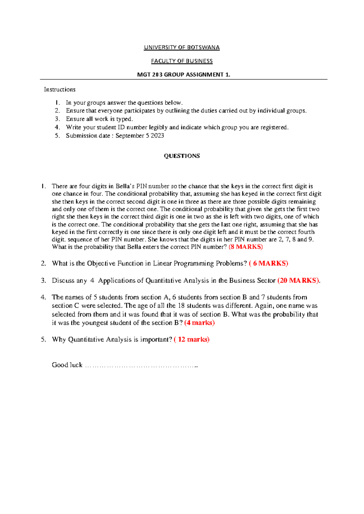 MGT 203 Group Assignment 1 - Quantitative Analysis & Probability ...