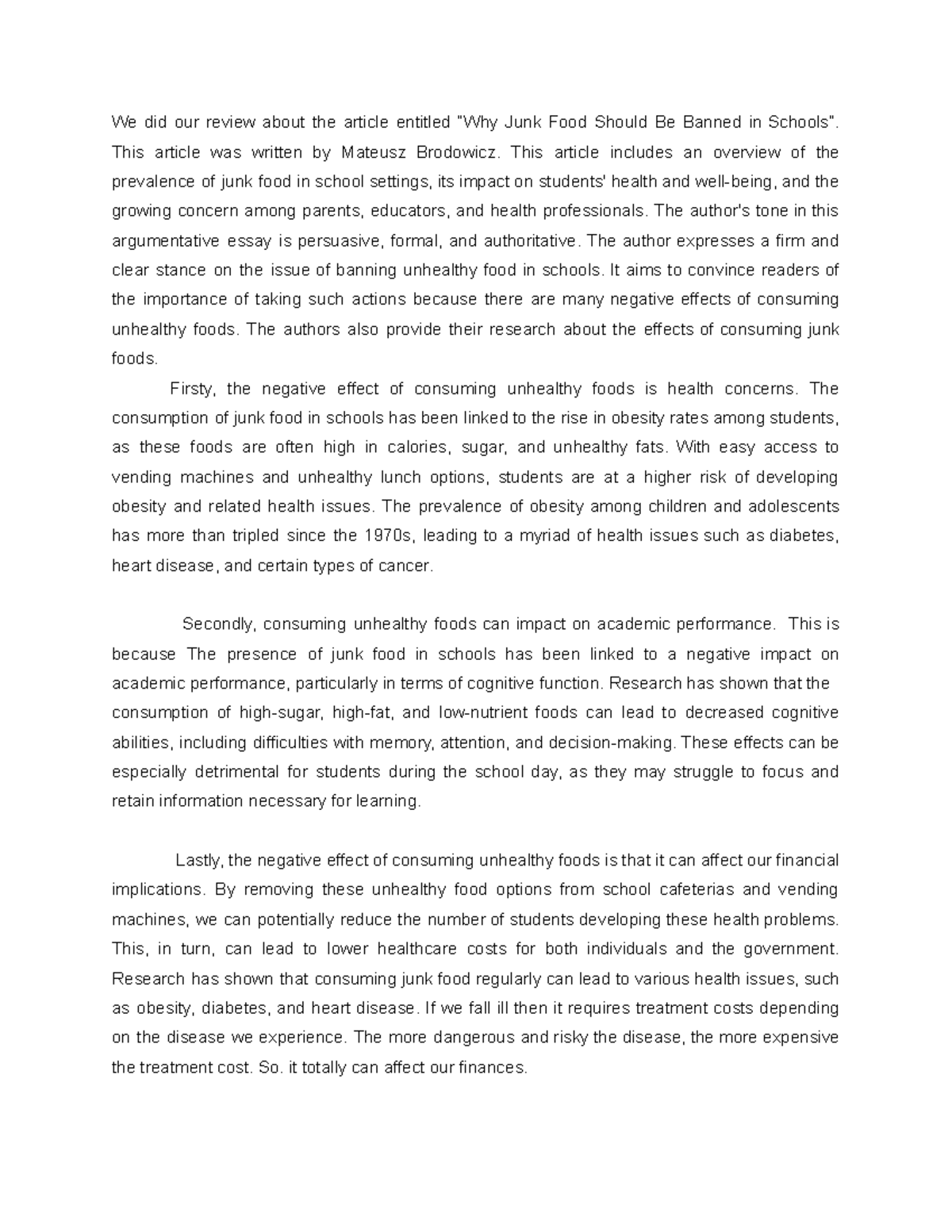 "Essay Notes: Why Junk Food Should Be Banned in Schools - Impact on ...