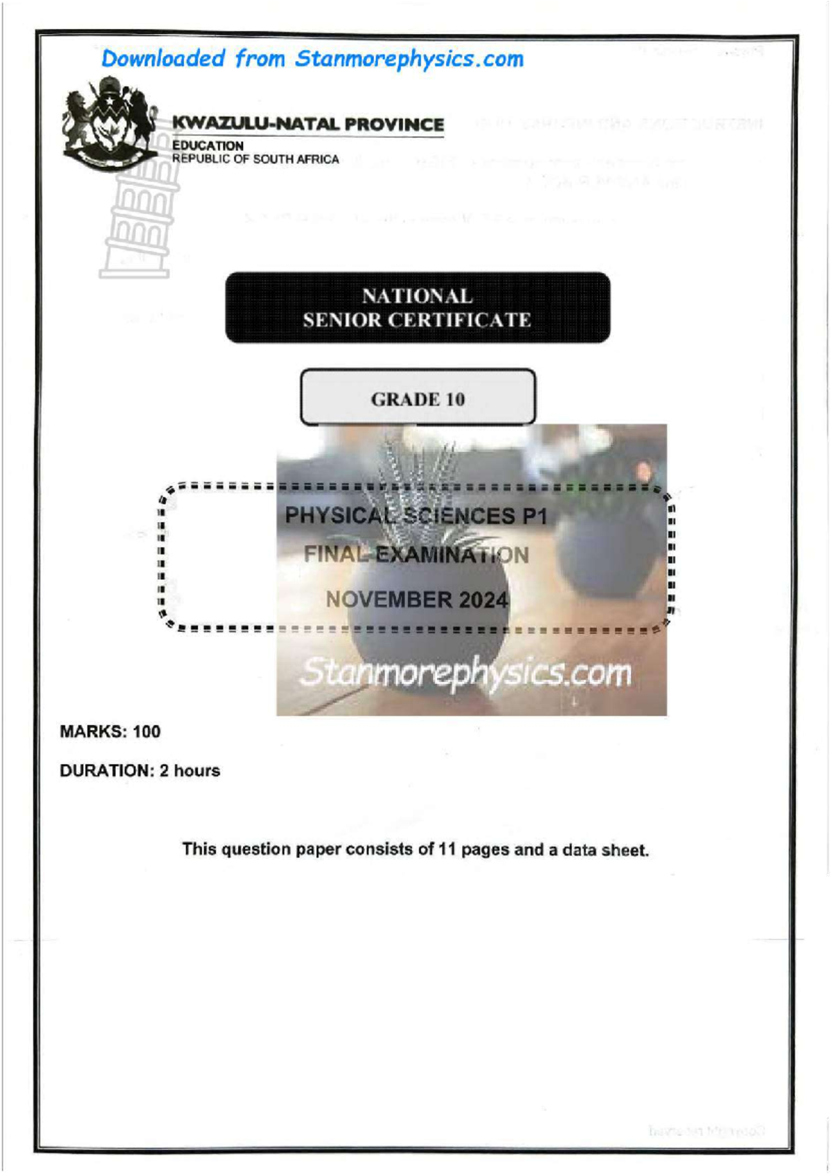 KZN Physical Sciences Grade 10 Nov 2024 P1 Exam & Marking Memo - Studocu