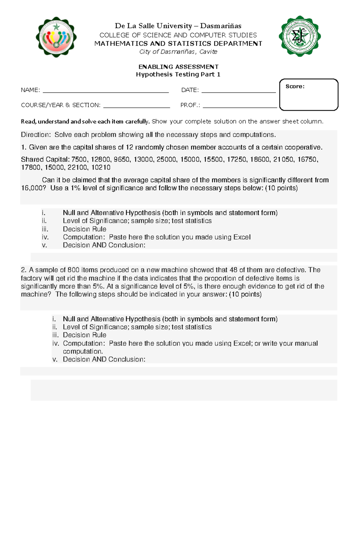 Enabling assessment in HT part 1 - De La Salle University – Dasmariñas ...