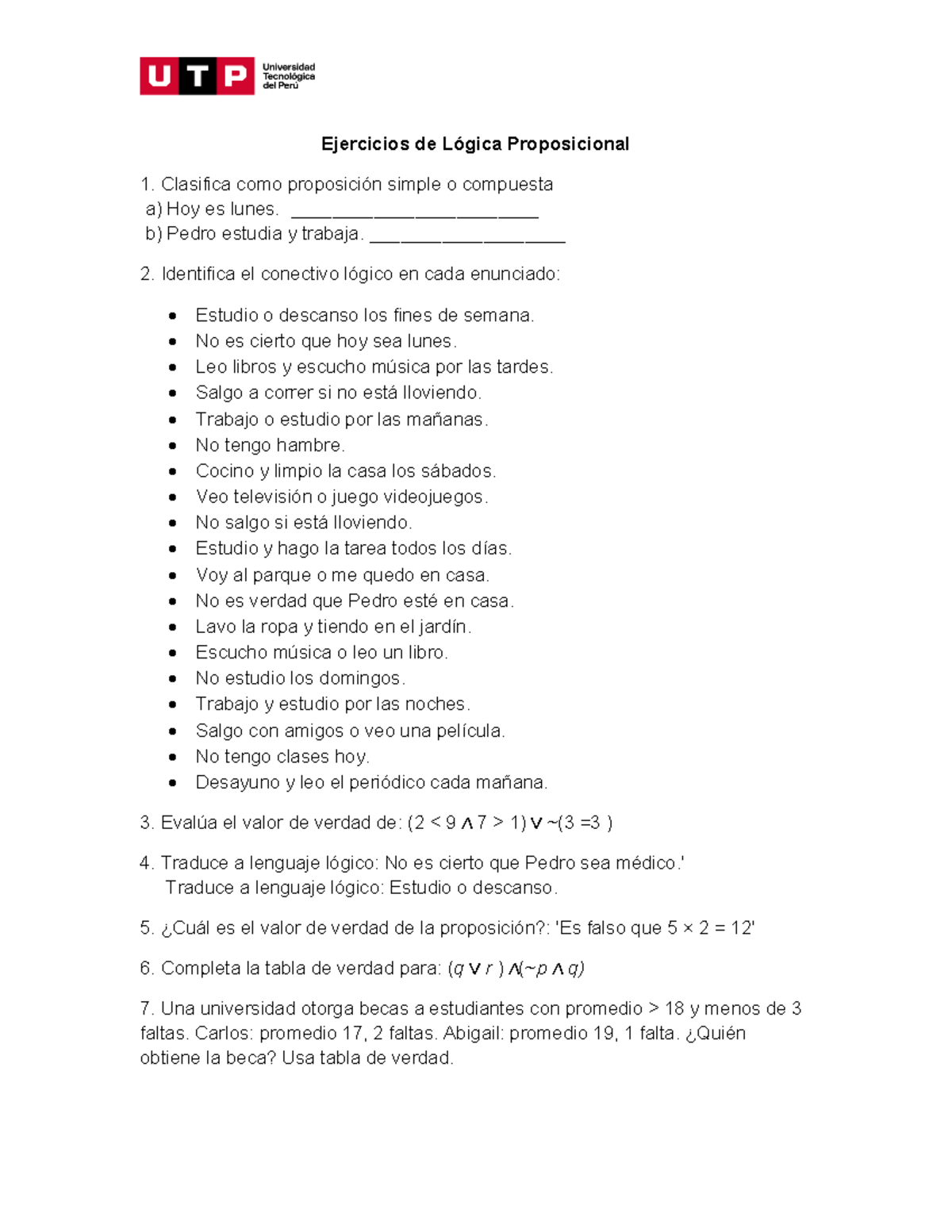 Ejercicios de Lógica Proposicional 1: Proposiciones y Conectivos - Studocu